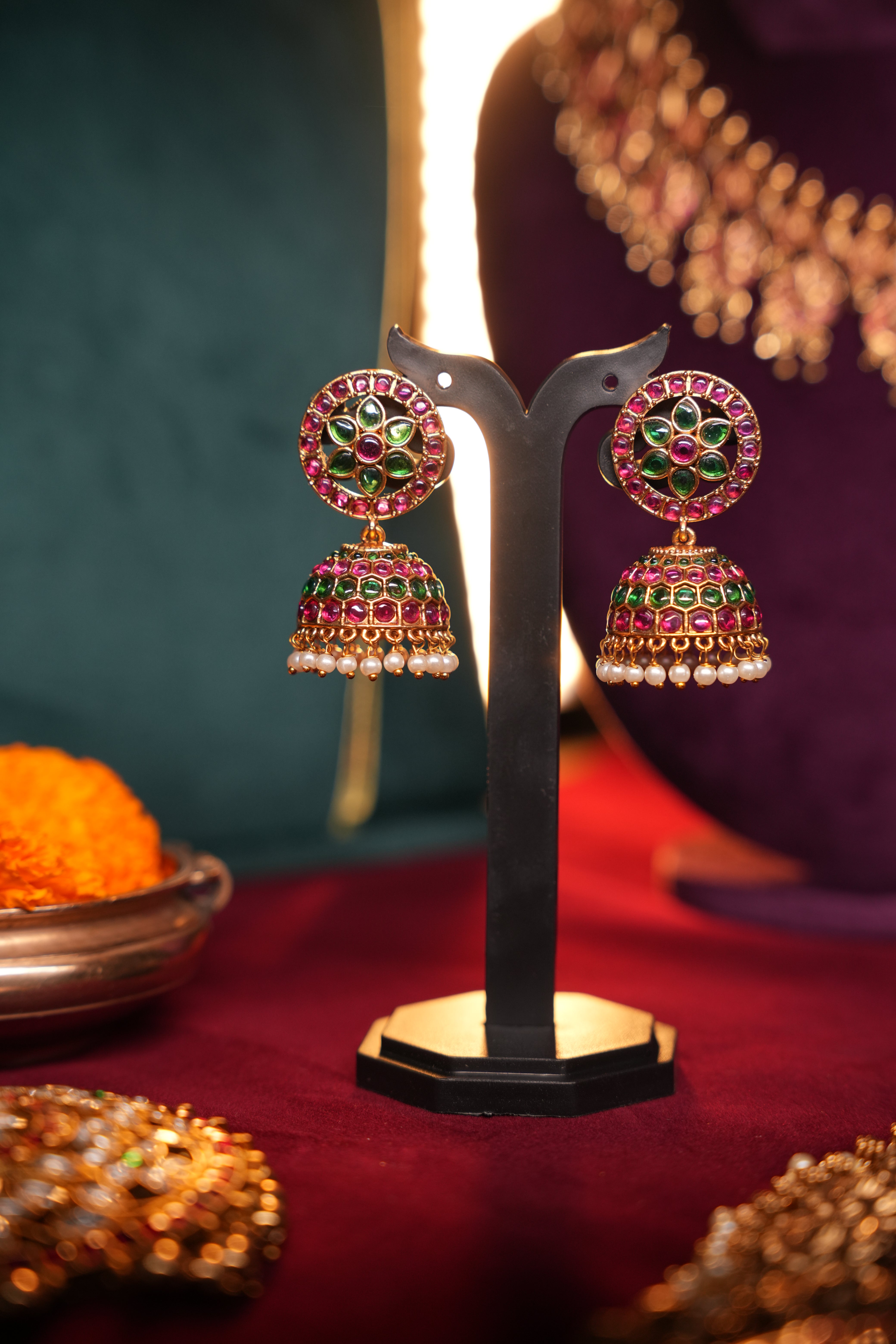 A classic beauty, kemp Stone Jhimki with timeless pearl hangings ...