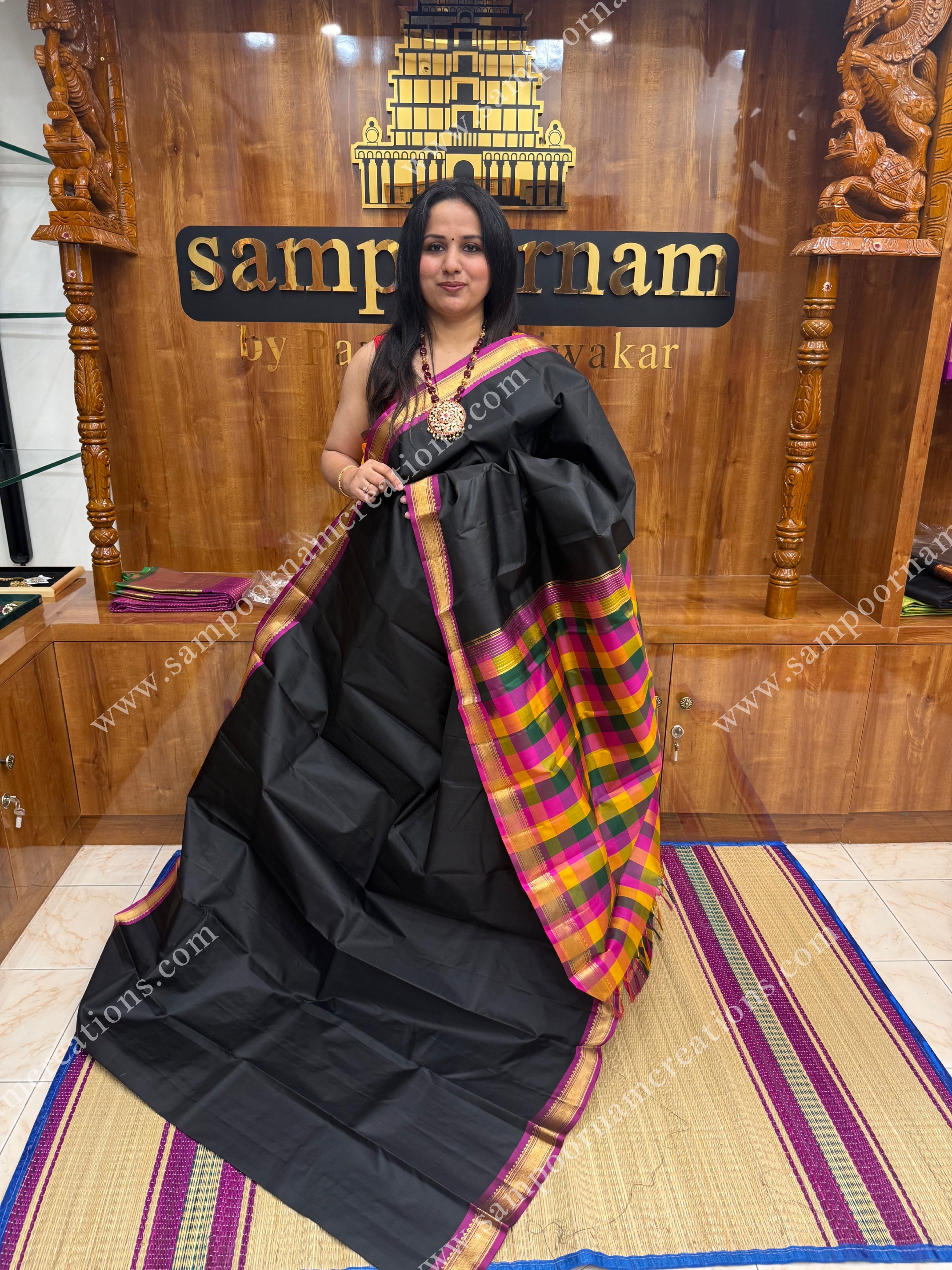 A Classic Black with Small Border with Traditional Pallum Pazham Katta ...