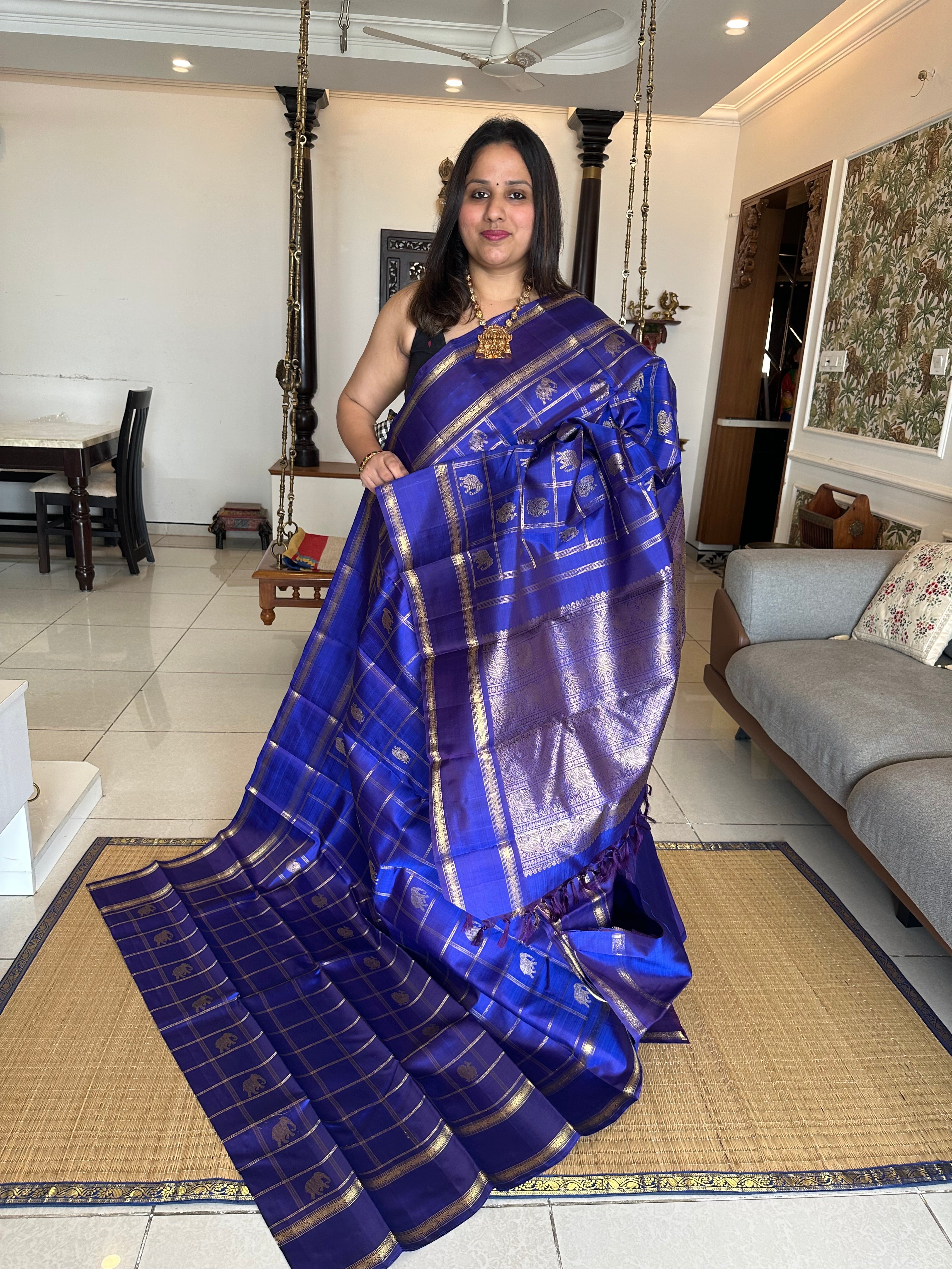 Dark Blue Zari Checks with Rettapet Border and Annam and Elephant Moti ...